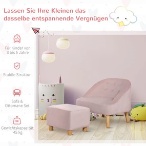 HOMCOM dětské křeslo s podnožkou, útulná pohovka pro děti od 3 let, sametový vzhled, eukalyptové dřevo, růžová barva, 51x51x50cm | Aosom.de
