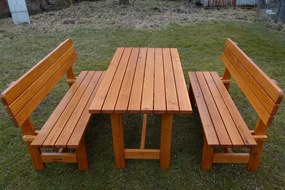 KULHÁNEK Zahradní dubová sestava - stůl, 2x lavice s opěradlem (klasické provedení) Délka: 300 cm, Odstín nátěru: olej - teak