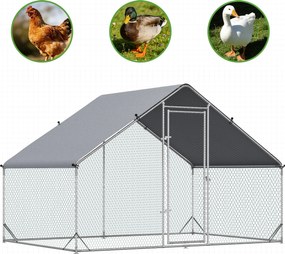 Ocelový kurník PawHut pro volný chov kuřat, 300 x 200 x 200 cm, klec pro kuřata s víkem, dvířka, výběh pro 4-6 kuřat, malá zvířata, stříbrný