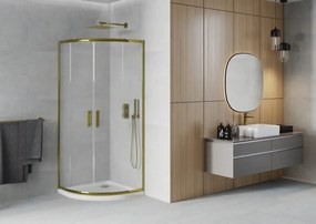 Mexen Rio, čtvrtkruhový sprchový kout s posuvnými dveřmi 80 (dveře) x 80 (dveře) x 190 cm, 5mm sklo námraza, zlatý profil + bílá sprchová vanička SLIM, 863-080-080-50-30-4110G