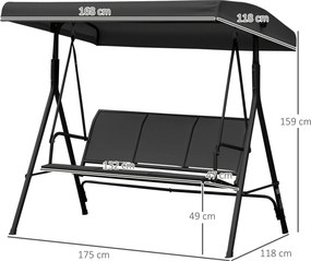 Zahradní houpačka Outsunny pro 3 osoby s nastavitelnou sluneční clonou, ergonomické sedátko a opěradlo, ocel a textilene černá | Aosom
