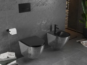 Mexen Lena WC mísa Rimless s pomalu klesající deskou slim, duroplast, černá matná/stříbrný vzor šupiny - 30224072