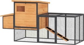 PawHut kurník ze dřeva a oceli s výběhem, hnízdní box, zásuvka na sběr, sklápěcí střecha 192x81,5x104 cm, oranžová