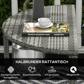 Outsunny půlkruhový balkonový stolek 100 x 50 x 74 cm zahradní stolek z polyratanu a kovu šedý pro terasu a balkon | Aosom.de