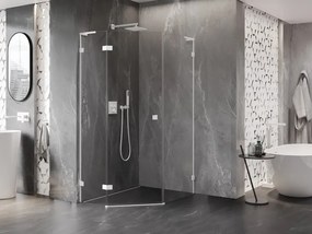 Mexen Lunar, L pětiúhelníkový sprchový kout naklápěcí doleva 80 x 100 cm, 8mm čiré sklo, bílý profil, 831L-080L-100P-20-00-L