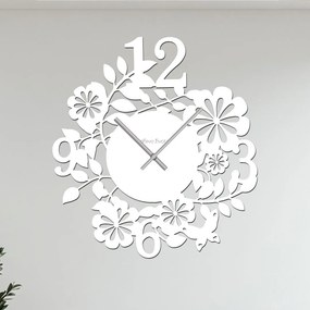 dřevo života Nástěnné hodiny FLOWERS Zvolte barvu dekoru: Bílá, Zvolte velikost hodin (cm): 40x40, Barva ručiček: Stříbrné