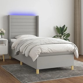 Box spring postel s matrací a LED světle šedá 90x200 cm textil