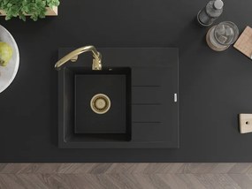 Mexen Ben, 1-komorový granitový dřez 600x500x190 mm, levý + zlatý sifon, černá, 6522605000-77-G