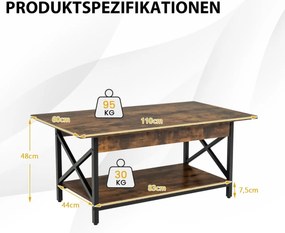 Costway Dvoupodlažní konferenční stolek s kovovým rámem, hnědý