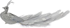 Stříbrný ptáček páv s peříčky a třpytem na klipu - 30*9*9 cm