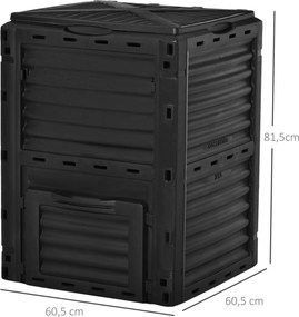Outsunny kompostér s kapacitou 300L pro výrobu zahradního hnojiva s 48 otvory, 60,5x60,5x81,5 cm, černý