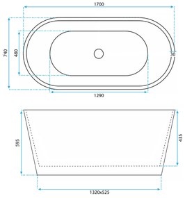 Rea Ofelia, volně stojící akrylátová vana 1700x740x595 mm, bílá lesklá, REA-W0126