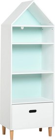 HOMCOM Dětská knihovna Dřevěná knihovna pro děti na knihy, hračky a DVD s 4 policemi a 1 zásuvkou Dvoubarevný kompaktní design 50x30x142 cm Bílá