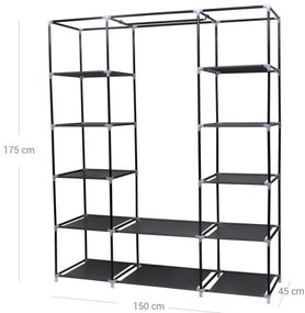 Úložná látková skříň s policemi a šatní tyčí MATIS 150x175 cm černá