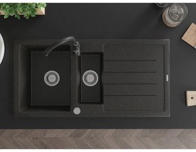 Mexen Andres 1,5-komorový granitový kuchyňský dřez s odkapávačem 100x50 cm a kuchyňská baterie Telma, černá-zlatá, 6515-75-670200-70