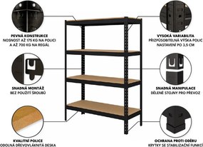 Regál 150x70x30 cm lakovaný 4-policový, nosnost 70 kg - černý
