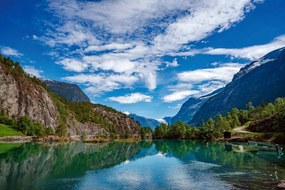 DIMEX | Samolepicí vliesová fototapeta na zeď Norská přírodní krajina MA-5-3082 | 375 x 250 cm | zelená, modrá, bílá