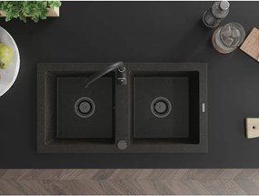 Mexen Mario, granitový dřez 820x436x161 mm, 2-komorový, černá-zlatá metalíza s černým sifonem, 6504822000-75-B