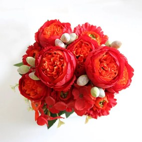 Umělá kytice pivoňek - 5 květů (C) Barva: Červená