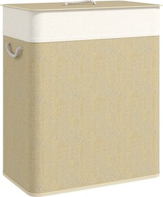 HOMCOM Bambusový koš na prádlo s víkem 100L Koš na prádlo se 2 přihrádkami a vyjímatelným vnitřním pytlem pro laundry room a ložnici 52x32x63 cm Příro