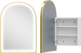 HOMCOM nástěnná koupelnová skříňka se zrcadlem a LED osvětlením, zakřivené dveře, proti zamlžení, 50x14,5x70 cm, zlatá
