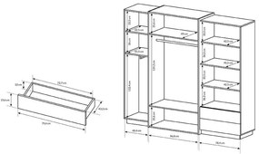 3D | šatní skříň 230 se zrcadlem| bílá/dub kraft zlatý