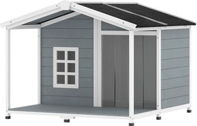 PawHut Psí bouda odolná proti povětrnostním vlivům, vyvýšená bouda ze dřeva s asfaltovou střechou, terasa, pro středně velké psy 103x107x83,5cm šedá