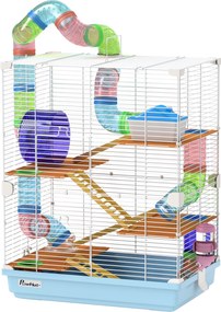 PawHut klec pro křečky na 5 úrovních s trubkami, kolem, žebříkem, domkem a lahví, kov, PP a PS, 46x30x58 cm, Modrá