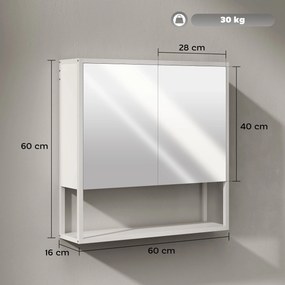 HOMCOM zrcadlová nástěnná koupelnová skříňka, 60 x 16 x 60 cm — 2 zrcadlové dveře, nastavitelná vnitřní police a otevřená polička, bílá