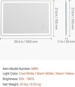 LED koupelnové zrcadlo 3 barevné nástěnné toaletní zrcátko proti zamlžování 70 ×