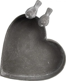Šedý plechový květináč ve tvaru srdce s ptáčky - 19*17*7cm