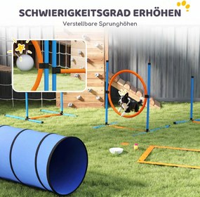 PawHut 8dílná sada agility pro psy s tunelem, slalomem, nastavitelnými překážkami, kruhem, pauzovací plošinou, miskou, hračkami a taškou — zahrada, v…