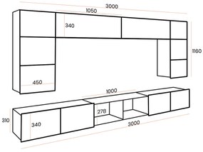 GAB Obývací stěna LORONA 24, Černá/Dub Artisan 300 cm