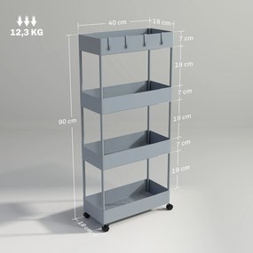 HOMCOM Servírovací vozík se 4 patry - Kuchyňský vozík na kolečkách s háčky pro kuchyň, kancelář a koupelnu, bílý, šedý