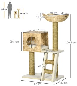 Škrabadlo PawHut 100,5 cm vysoké s kočičí jeskyní, pelíškem a schody pro kočky, sisalové škrabadlo a polštáře pro malé kočky, příroda | Aosom.de