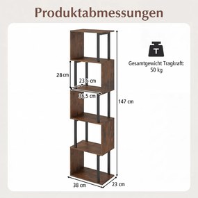 Costway 5 Řadová knihovna Geometrická stojací police s volně stojící úložnou
