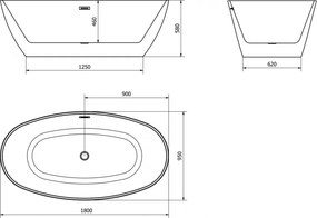 Mexen Eris, volně stojící vana 180 x 95 cm, bílá, bílý přepad, 53441809500-20