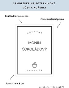 Samolepka na láhev MONIN ČOKOLÁDOVÝ 6 x 8 cm – průhledná vinylová, voděodolná, omyvatelná samolepka na dózy, základní písmo