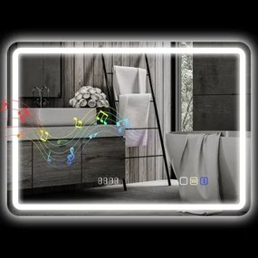 HOMCOM koupelnové zrcadlo s LED světlem 70x50 cm s Bluetooth, 3 barvy světla, digitální hodiny, ochrana proti zamlžení, funkce paměti