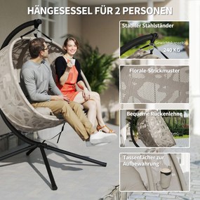 Závěsné křeslo Outsunny 2místné závěsné křeslo s polštářem skládací závěsná houpačka do 240 kg polyester ocel písková barva