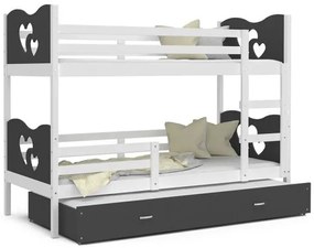 Dětská patrová postel MAX 3 80x190 cm s bílou konstrukcí v šedé barvě se srdíčky