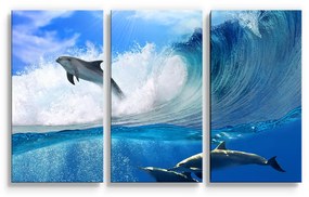 Sablio Obraz - 3-dílný Delfíni ve vlnách - 120x80 cm
