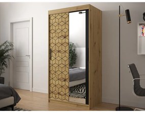 Šatní skříň s posuvnými dveřmi se zrcadlem Arituda II 100, Úložný prostor: ano, Barva: dub artisan / dub artisan + černá