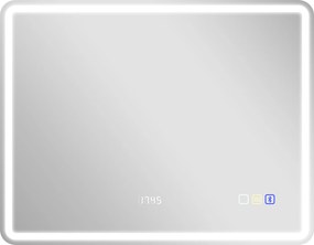 HOMCOM Koupelnové zrcadlo s LED osvětlením, protimlžnou podložkou, 3 nastavitelné barvy, hodiny, 700 x 900 mm, stříbrná barva