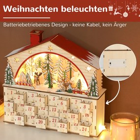 HOMCOM Adventní kalendář k naplnění 24 zásuvky přihrádky, vánoční kalendář s LED světly, přírodní dřevo, 36 x 10 x 34 cm