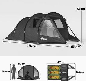 Outsunny tunelový stan pro 4 osoby, 2 místnosti, UV ochrana, 2000 mm vodní sloupec, vodotěsný a přenosná taška, černý | Aosom.de