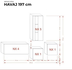 Ral Obývací stěna HAVAJ 3, 197 cm - Bílo/černý lesk