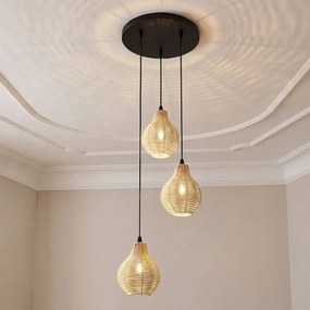 Costway 3-flame boho ratanový přívěsek světlý ručně tkaný přírodní košový lustr