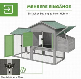 Dřevěný kurník pro slepice s volným výběhem hnízdní box s rampou výsuvný tác pro 2-4 slepice 168x75x103cm šedý
