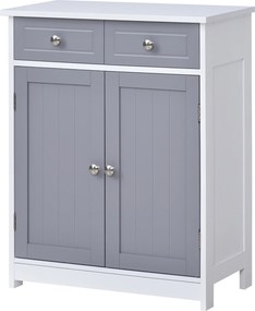 Kleankin Úložný Kabinet, Koupelnový Kabinet, Skříň s 2 Dveřmi a 2 Zásuvkami - 60 x 30 x 75 cm - Šedá a Bílá